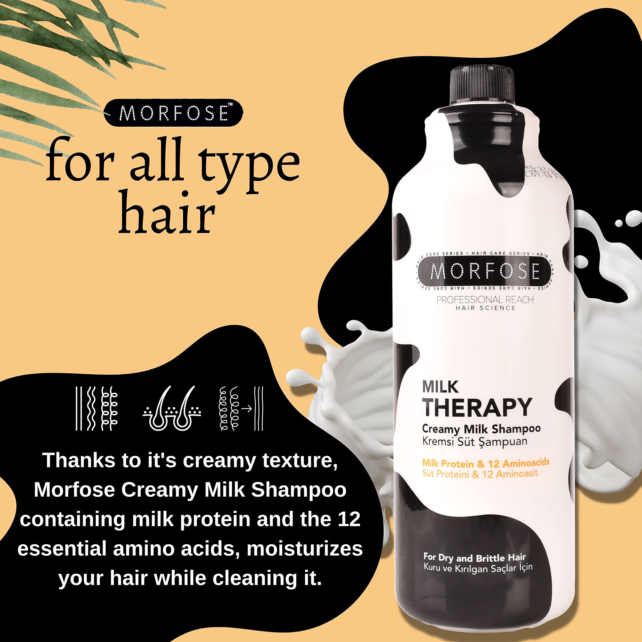 Morfose Professional Milk Therapy Creamy Hair Shampoo for Dry, Damaged, or Brittle Strands, Repairs and Protects, fuller, healthier, softer look, Eliminates Dryness, Damage, and Split Ends, 1000 ml