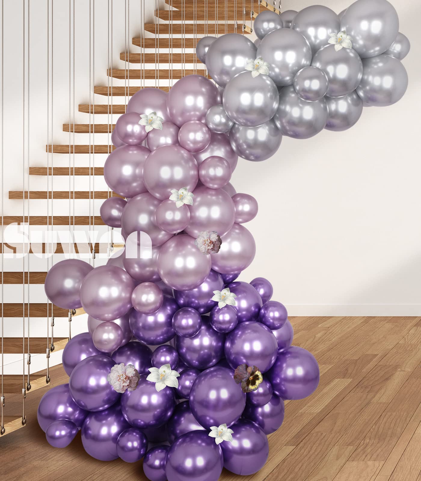 SUWEN Silver Metallic Balloons Kit 67PCS 10 Inch 5 Inch Different Sizes Latex Helium Shiny Chrome Silver Balloons for Birthday Graduation Anniversary Party Decorations