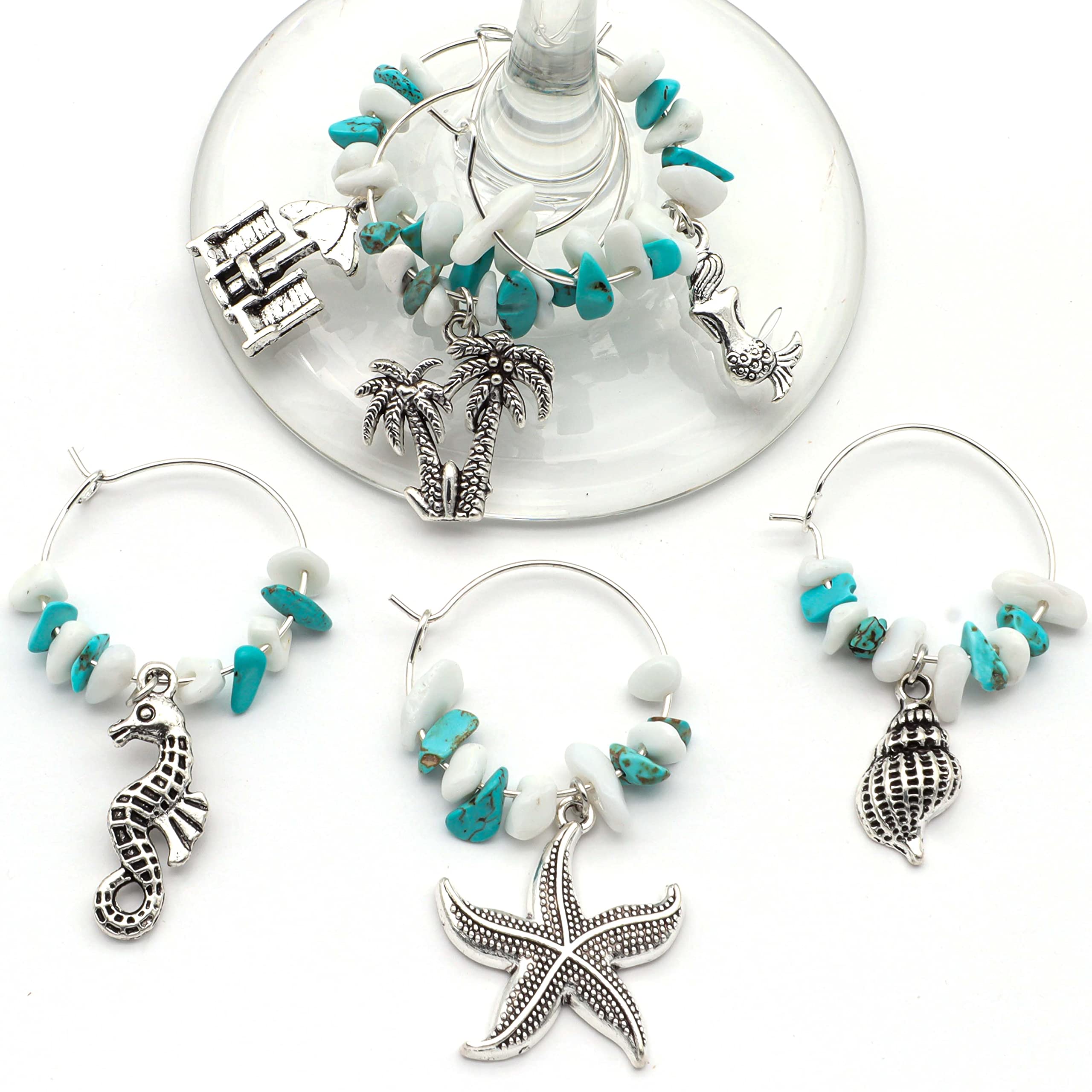 Beach Wine Glass Charms - Coastal Seashell Starfish Palm Tree Mermaid Nautical Summer Ocean Tropical Party Décor