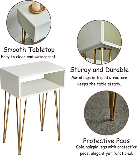 COZAYH Modern Contemporary Nightstand Set of 2, Extreme Minimalism End Table Open Shelf Style Bedside Table on Metal Hairpin Legs (White&Gold)