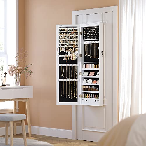 SONGMICS 6 LEDs Mirror Jewelry Cabinet, 47.2-Inch Tall Lockable Wall or Door Mounted Jewelry Armoire Organizer with Mirror, 2 Drawers, White UJJC93W