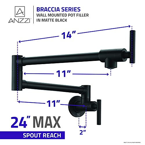 Braccia Series 24" Wall Mounted Pot Filler in Matte Black | 24β Reach Spout Solid Brass Two Handle Dual Shut-Off Valve Double Joint Swing Arm Wall Mount Kitchen Folding Faucet | KF-AZ258BKM