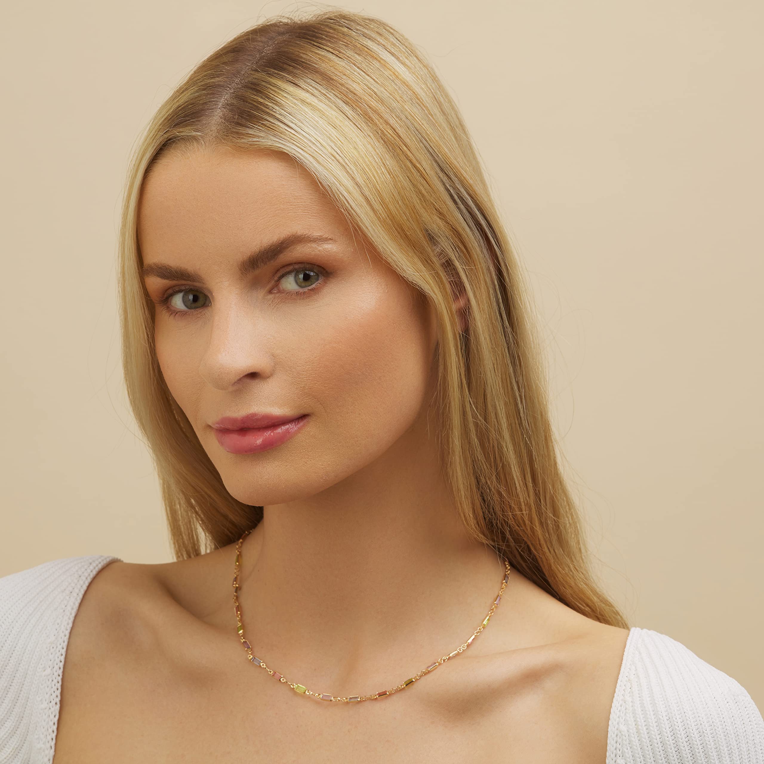 Barzel 18K Gold Plated Multi Stone Crystal Baguette Necklace for Women - Made In Brazil