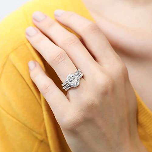 BERRICLE Sterling Silver Halo Wedding Engagement Rings Oval Cut Cubic Zirconia CZ Ring Set for Women, Rhodium Plated Size 9