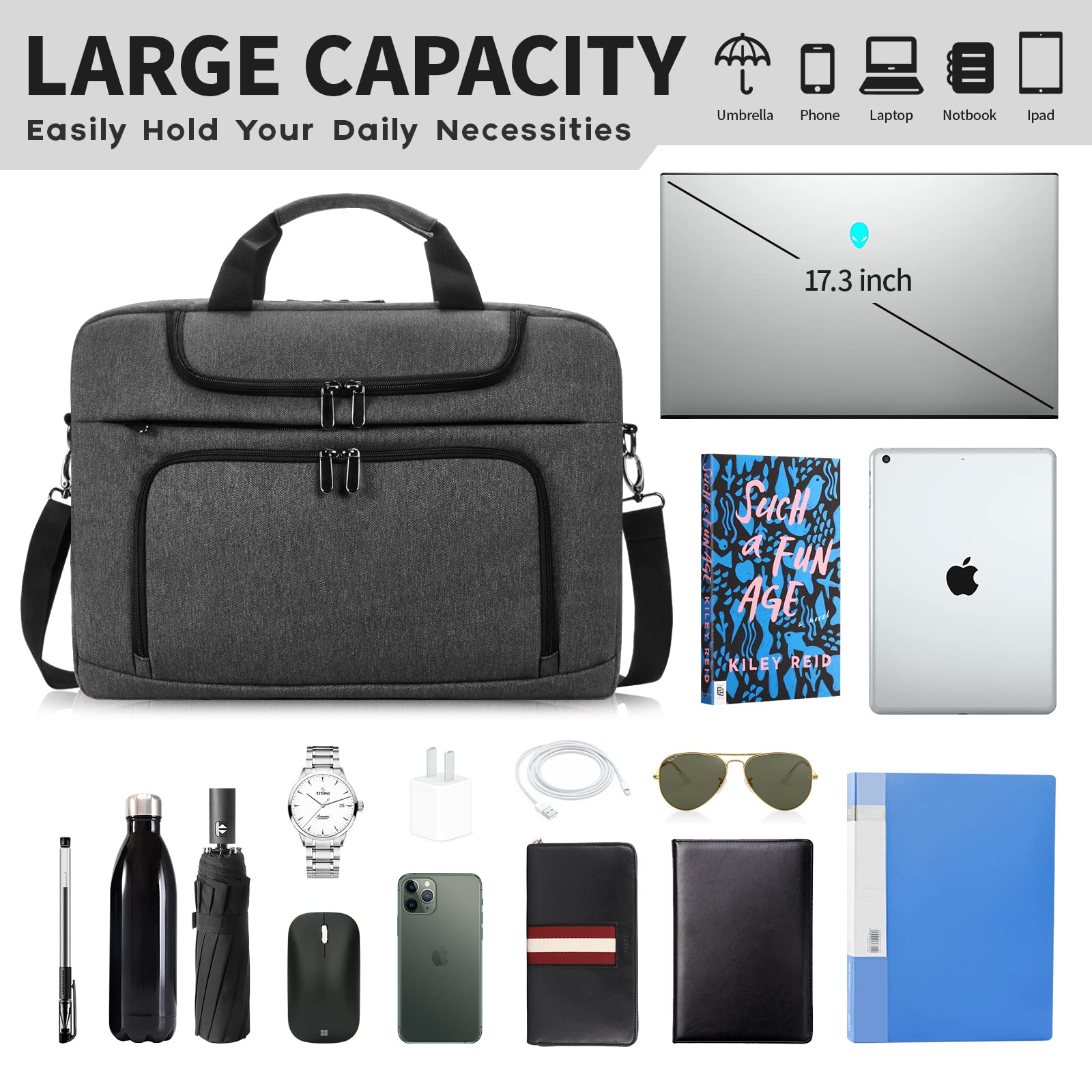 BERTASCHE Laptop Bag 17.3 inch for Men, Laptop Case Computer Bag for Work Business Trip Laptop Carrying Case w/Shoulder Strap Grey
