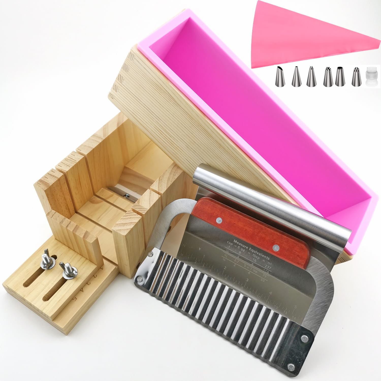 Artisanal Soap Making Tool Kits - 1 Set Wooden Soap Cutter with 2 Loaf Cutters, 1 Pcs 42 oz Rectangular Silicone Soap Mold with Wood Box, 1 Set Piping Bags and Tips