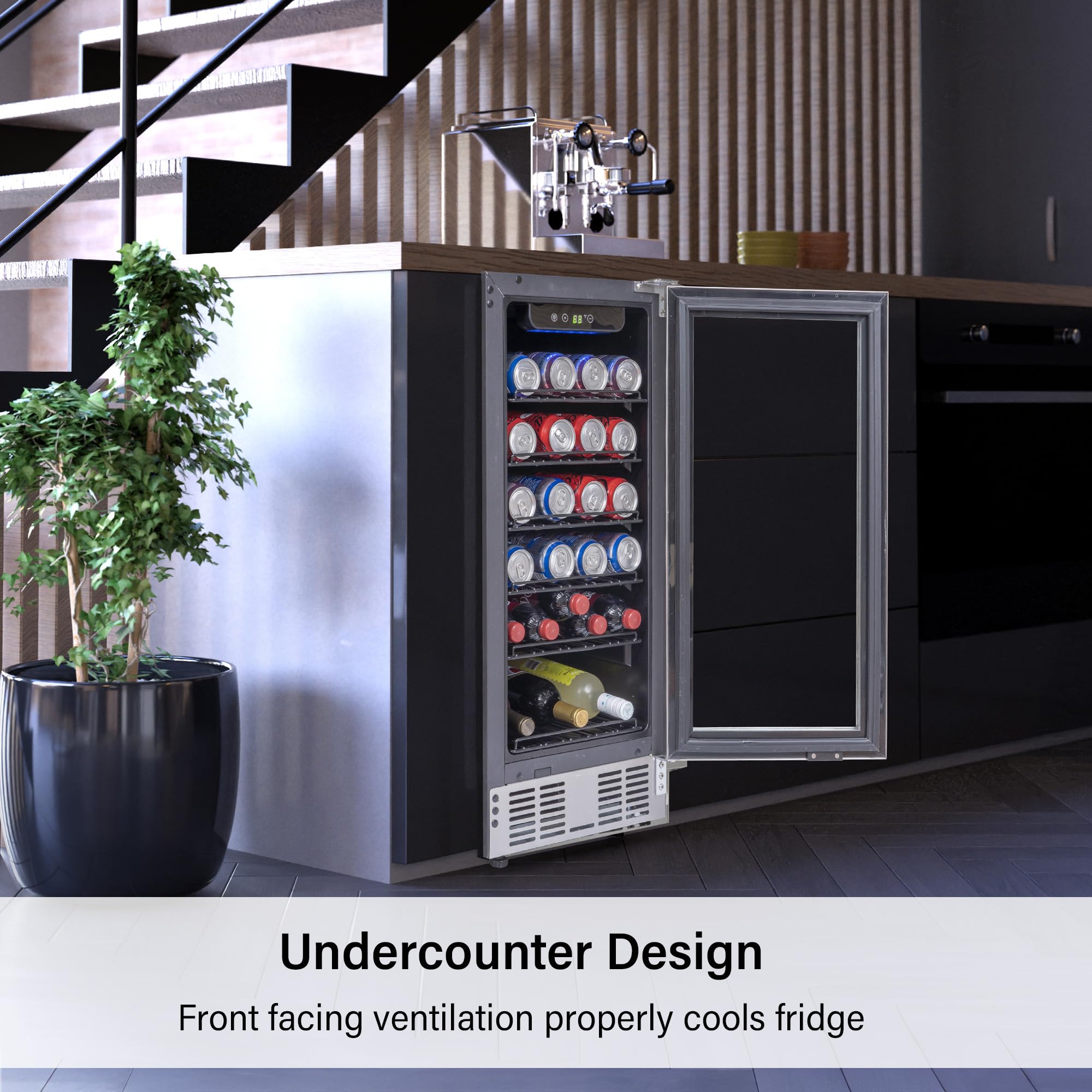 Deco Chef 15-Inch Under Counter Beverage Cooler for Beer, Wine, Sodas, 115 Can Capacity, Digital Touch Temperature Control, Even Forced Air Cooling, 5 Shelves, Large Display Window, Built-In Lighting