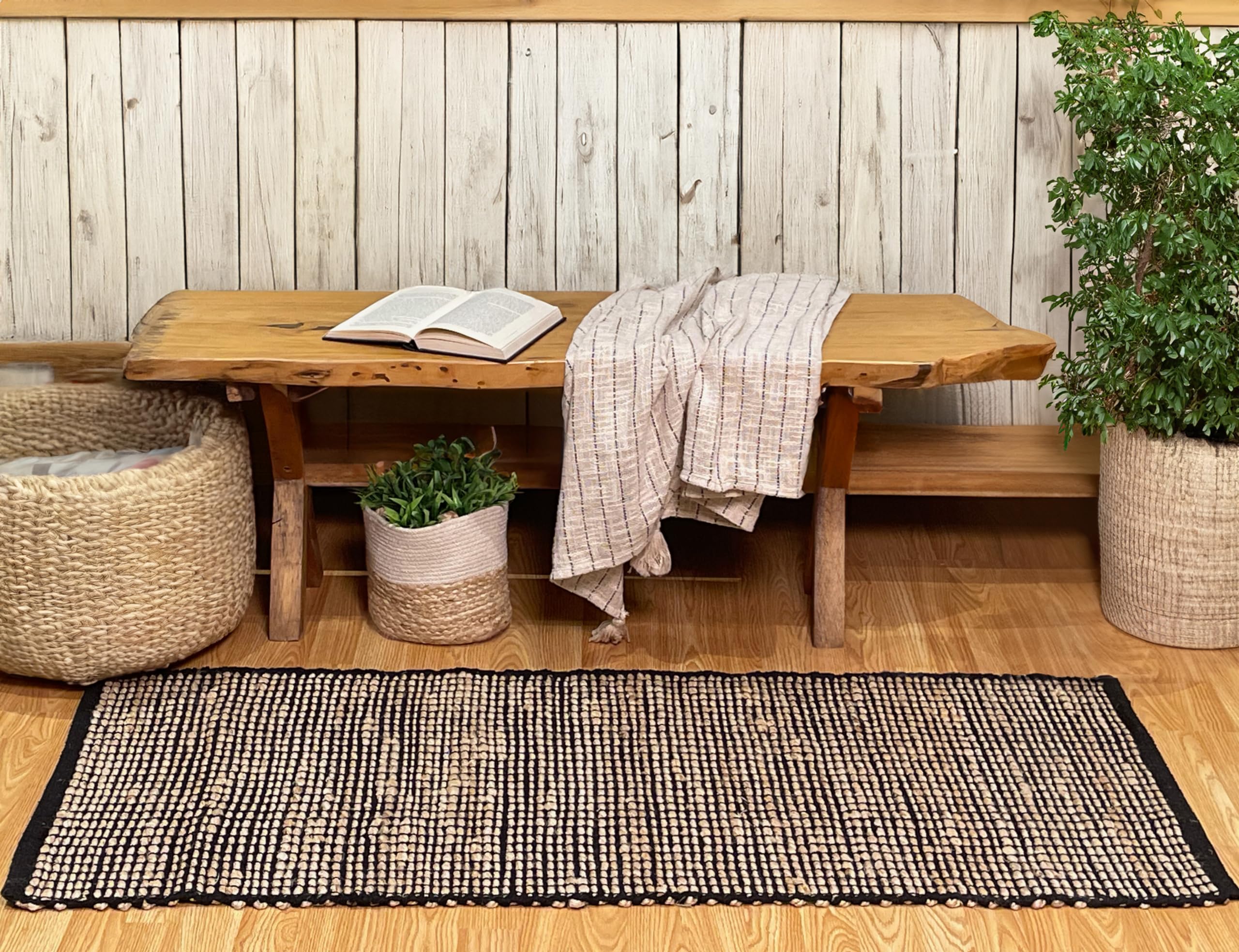 Chardin home Jute Rugs Collection- 2x5 Feet Jute Braids Rug, Boho, Rustic, Natural Jute/Black, Hand Woven Long Runner Rug for Bedroom, Living Room, Kitchen and entryways