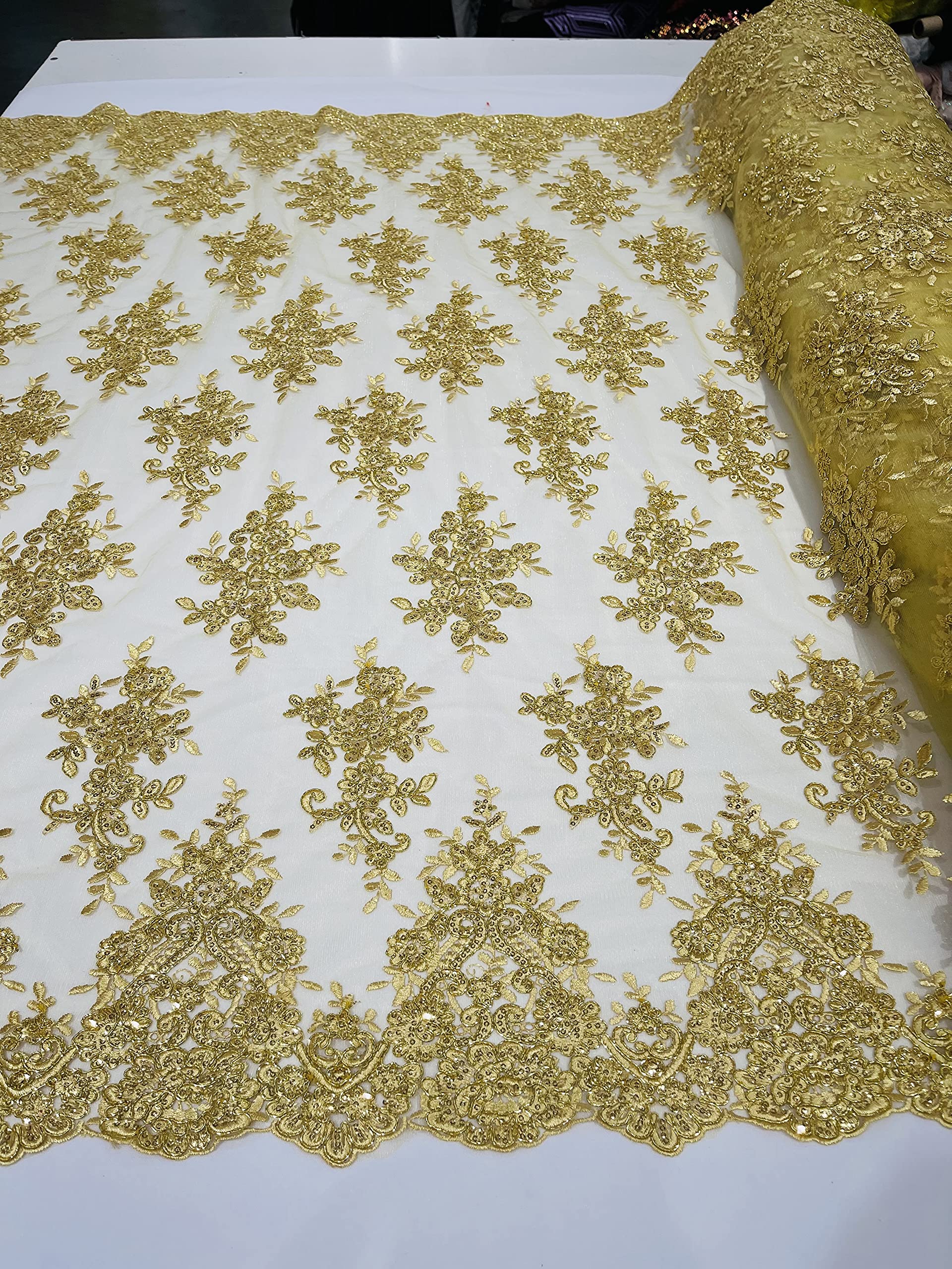New Creations Fabric & Foam Inc, 50" Wide Floral Design Embroidery On A Mesh Lace with Sequins and Cord Fabric (1 Yard, Metallic Gold)