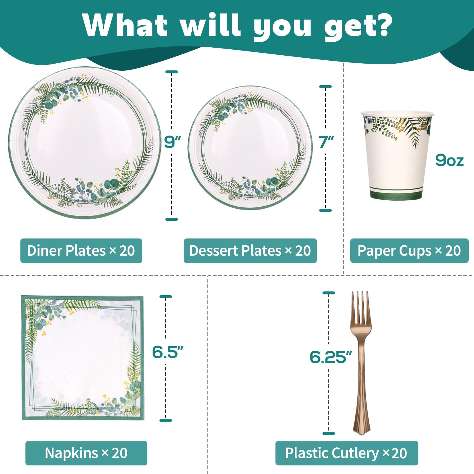 Decodinli 100 PCS Greenery Party Supplies, Greenery themed Disposable Plates and Napkins for Bridal Shower Decorations, Birthday, Baby Shower, Gender Neutral, Serves 20