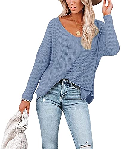 Fronage Womens Waffle Knit Tunic Tops V Neck Long Sleeve Casual Loose Pullover Blouses Shirts (Blue, Medium)