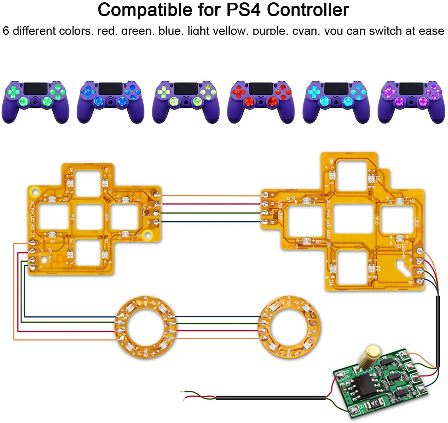 BCB Controller LED Kit for PS4 Controller Light Up I Compatible with PS4 Controller LED Mod I Multicolor Lightning PS 4 Controller LED Buttons with Yellow, Red, Green, Blue, Cyan, Purple