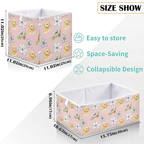 visesunny Closet Baskets Yellow Duck Flower Pink Pattern Storage Bins Fabric Baskets for Organizing Shelves Foldable Storage Cube Bins for Clothes, Toys, Baby Toiletry, Office Supply