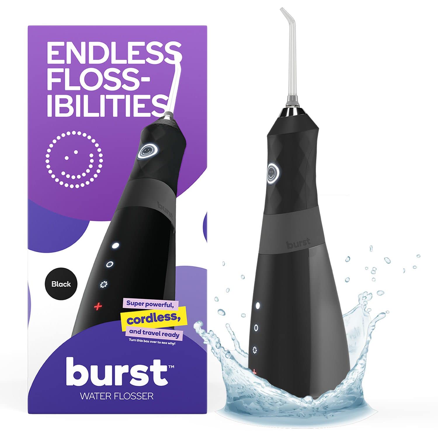BURST Water Flosser – Electric Cordless Water Floss – 3 Modes, 3 Tips, 80-Day Rechargeable Battery, Waterproof – Portable for Travel - Refillable Water Picks for Teeth Cleaning and Braces – Black