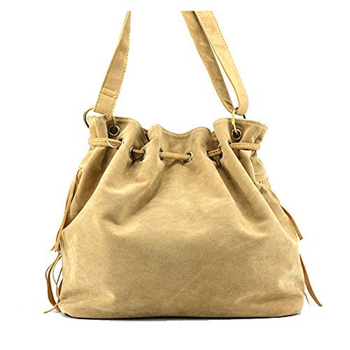 Heidi Women's Fringed Bucket Purse Tassel Faux Suede Shoulder Bag Ring Top-Handle Crossbody Bag Apricot