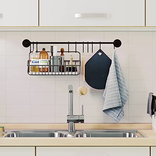 Wallniture 24" Gourmet Kitchen Rail for with 10 S Hooks for Hanging Utensils, Pot Pan Lid Rack Storage Organizer Set, Steel, Black