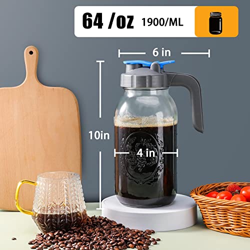 Mason Jar 64 oz Pitcher, Large Mason Jars Half Gallon Pitcher with Wide Mouth Airtight Lid, Heavy Duty 2 Quart Glass Pitcher With Lid for Cold Brew, Sun Tea, Juice, Coffee, Leakproof, Set of 1