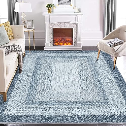 COZYLOOM Braided Print Home Indoor Area Rug 4x6 Rug for Entryway Living Room Bedroom Kitchen Dining Farmhouse Retro Area Rug Non Slip Backing Low Pile Floor Cover Non-Shedding Accent Rug Blue