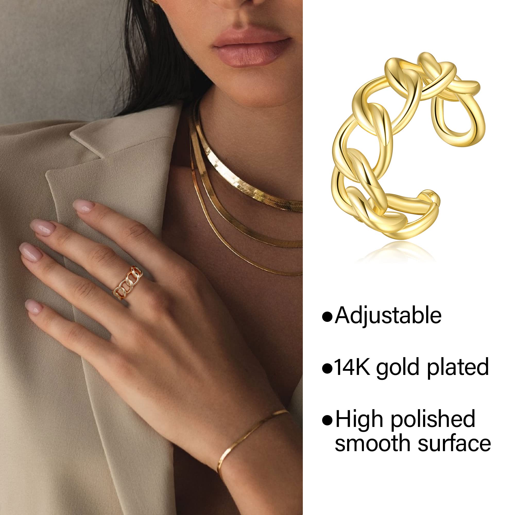 BFACCIA 14K Gold Plated Chunky Dome Ring for Women Minimalist Adjustable Open Link Twisted Teardrop Stacking Band Statement Thick Ring Jewelry Gift