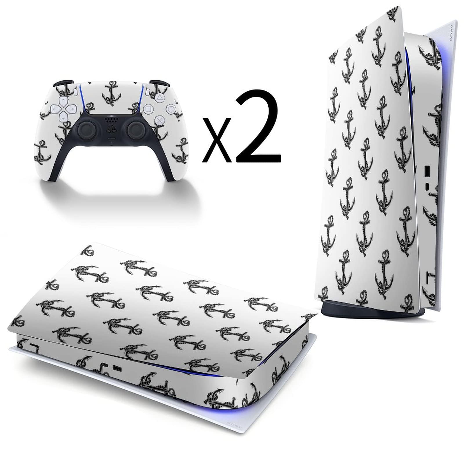 Black and White Anchors Full Protective Skin Cover Design Wrap Decal Sticker Compatible with PS5 Digital Edition Console and Controller