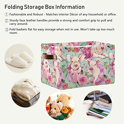 Watercolor Animal Pig Flower Square Storage Basket Bin Canvas Fabric Compressible Organizer Basket with Handle for Bedroom Nursery Office, 1PCS
