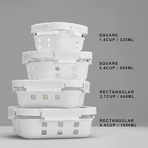 GENICOOK Borosilicate Tempered Glass Food Storage Containers with Glass Lids - Food Grade Silicone Wrap & Air Release Vent, Rectangular shape - 8 Pc Set (4 Containers - 4 Matching Lids) White