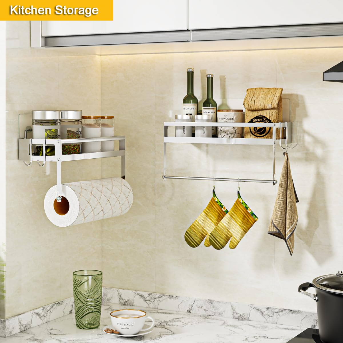 ESOW Paper Towel Holder with Shelf Storage, 2-in-1 Wall Mounted Paper Towel Roll Rack Basket for Kitchen, Balcony & Bathroom, Self-Adhesive or Drilling Installation, SUS304 Brushed Nickel Finish
