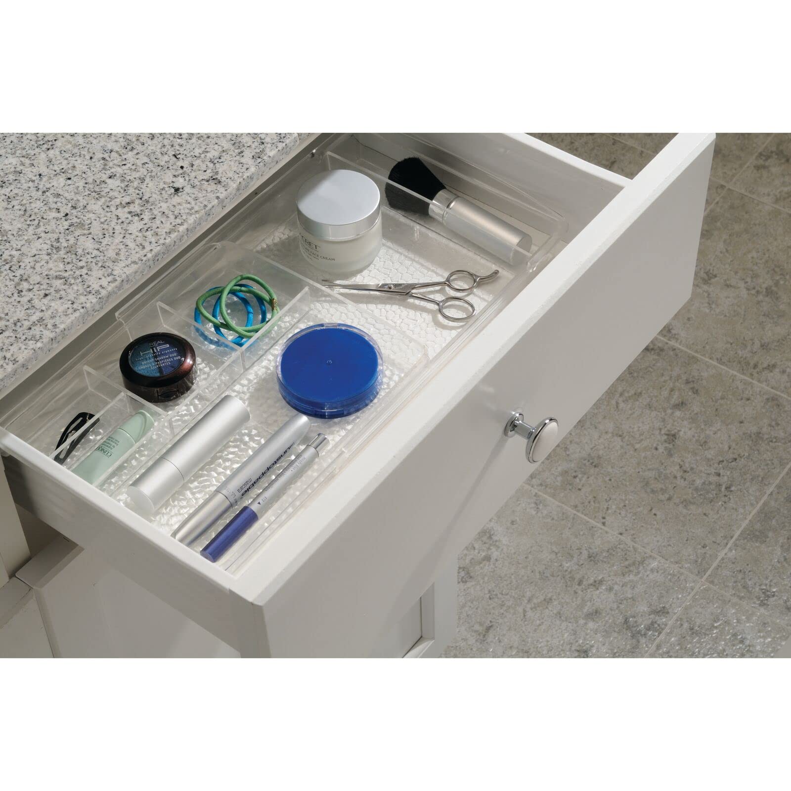 mDesign Expandable Makeup Organizer for Bathroom Drawers, Vanities, Countertops: Organize Makeup Brushes, Eyeshadow Palettes, Lipstick, Lip Gloss, Blush, Concealer - Adjustable Width - Clear