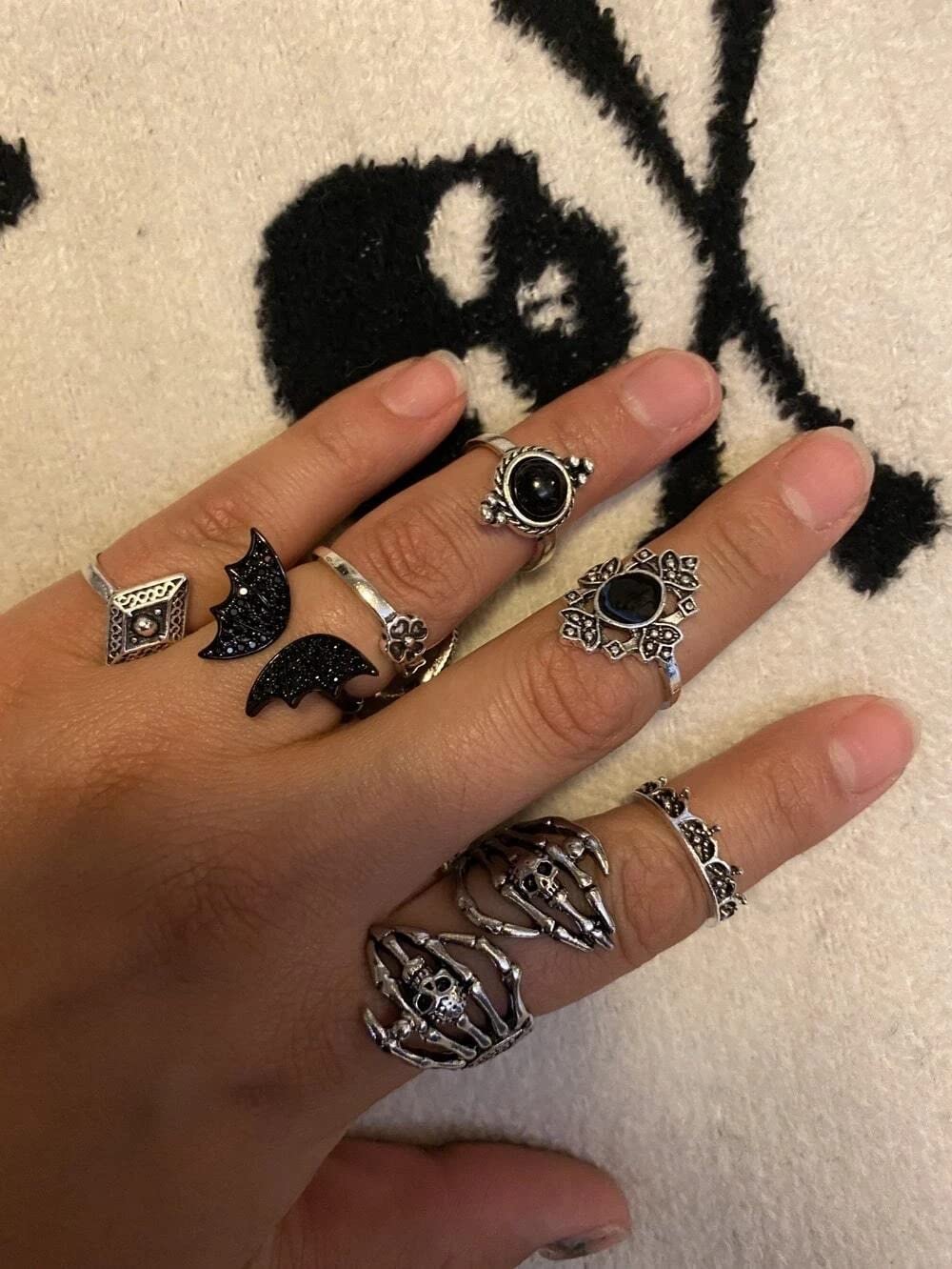 Black Bat Ring Gothic Black Stone Rings for Women Goth Adjustable Halloween Black Gold Jewelry Gifts (Black)