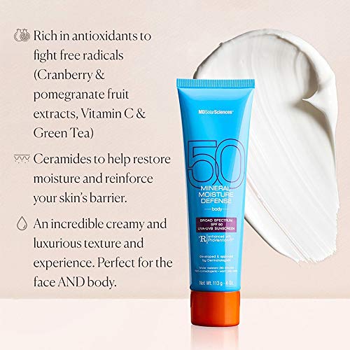 MDSolarSciences Mineral Moisture Defense SPF 50 Sunscreen for Body – Water-Resistant Broad-Spectrum UV Protection – Zinc Oxide Cream, Helps Restore Skin’s Natural Moisture Barrier, Sheer, 4 Fl Oz