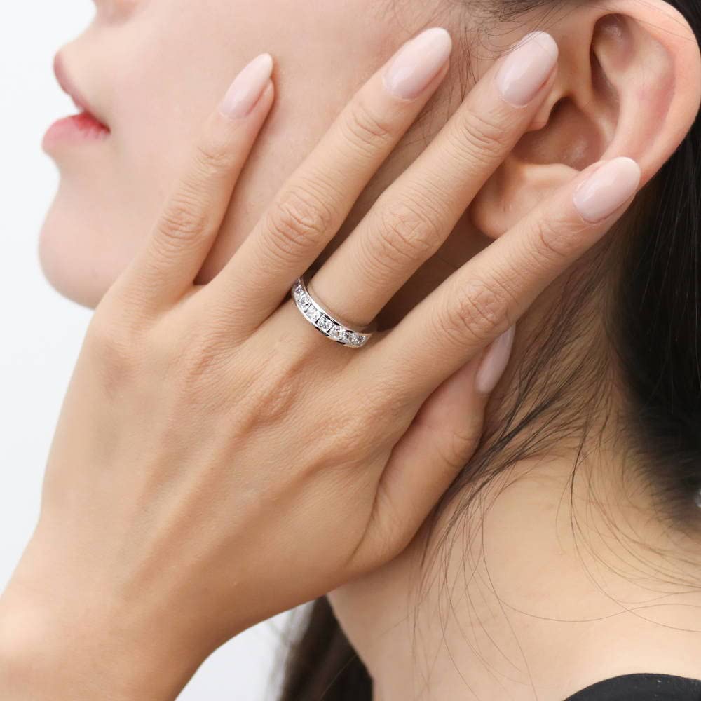 BERRICLE Sterling Silver Wedding Rings Channel Set Asscher Cut Cubic Zirconia CZ Anniversary Half Eternity Ring for Women, Rhodium Plated Size 7