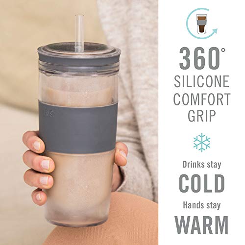 HOST Straw and Lid Plastic Double Wall Insulated Freezable Drink Chilling Tumbler with Freezing Gel Glasses for Red and White Wine, 16 oz, Grey