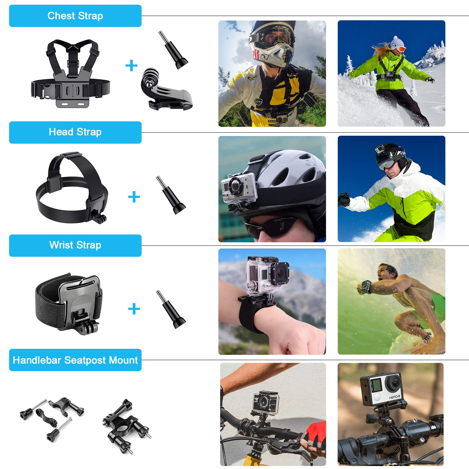 Artman Action Camera Accessories Kit for GoPro Hero 11 10 9 8 7 6 5 Black, Head Chest Strap+360°Wrist Strap+Bike Mount+Suction Cup+Floating Grip Bundle Set 58 in 1