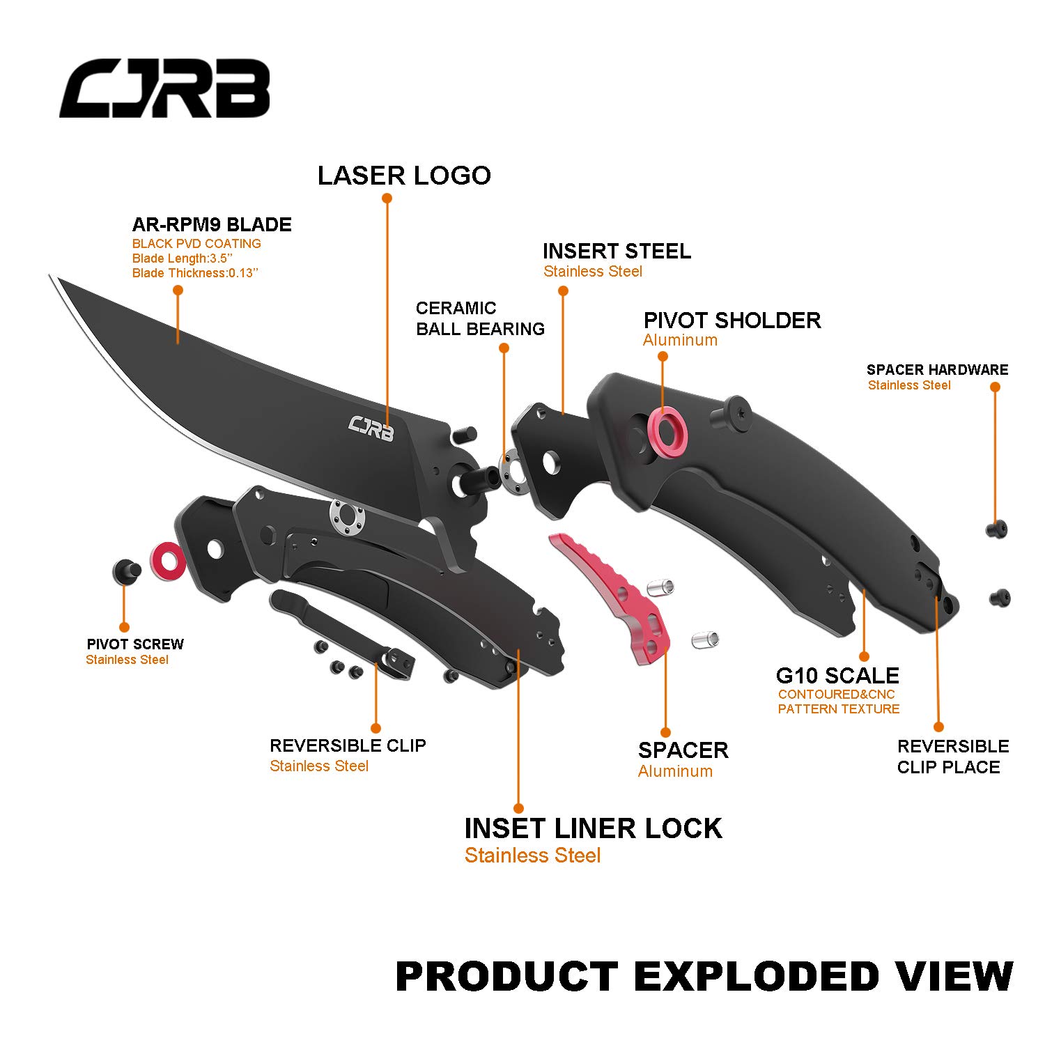 CJRB Tactical Knife, Small Folding Pocket Knife with AR-RPM9 Steel Blade and G10 Handle for Men Outdoor, Survival, Hunting, Camping Gobi(J1906B) Black