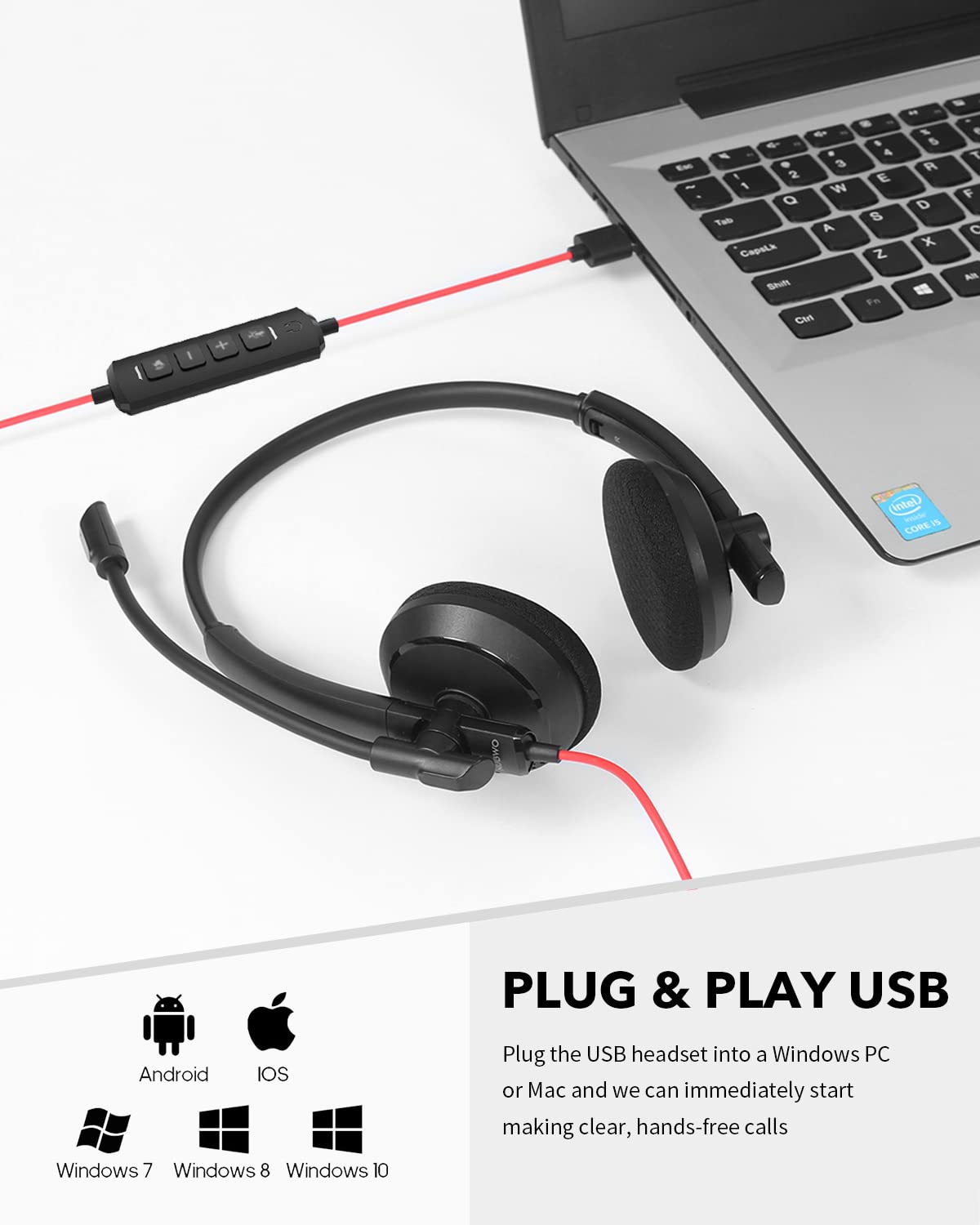 NUBWO HW03 USB Headset with Noise Canceling Microphone for PC, in-line Controls, Lightweight Wired Headset for PC, Mac, Laptop on Home, Office, Classroom, Chat, Online Class, Meeting
