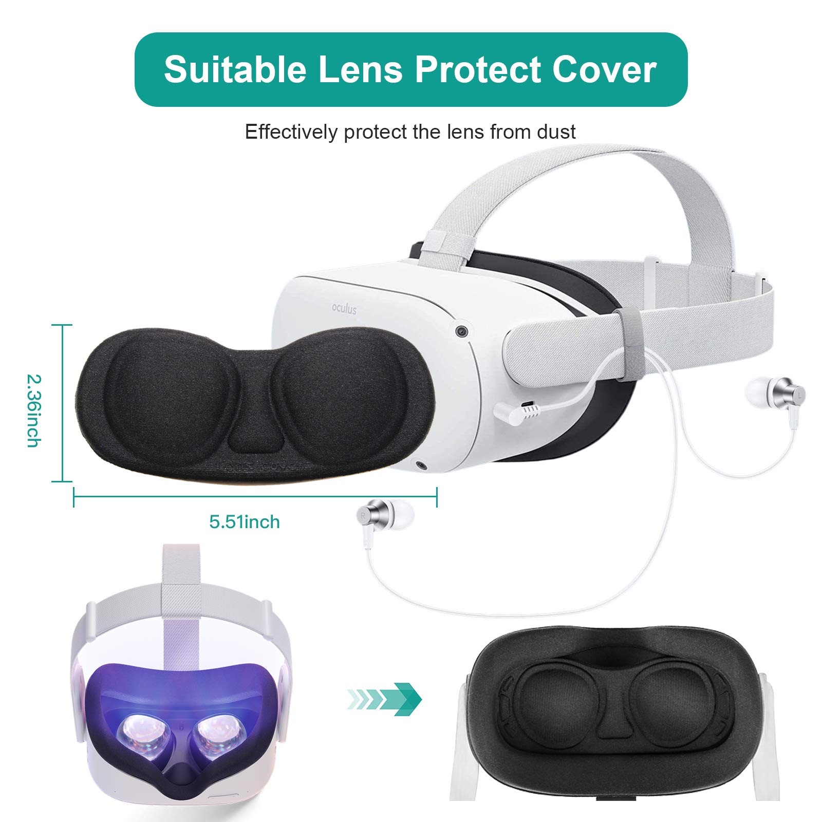 BEJOY VR PU Leather Face Bracket & Protective Lens Cover for Oculus Quest 2, Dust Proof & Anti-Scratch Cover, 3D 360 Degree Surrounding Sounds Gaming Headphones for Oculus 2