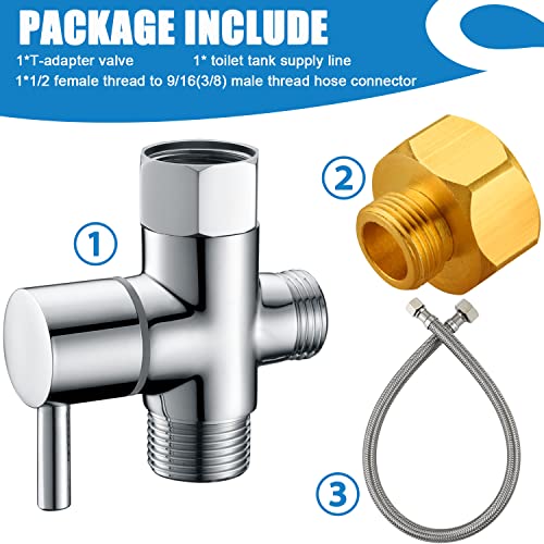 Brass Bidet T Adapter with Toilet Connector Line, Bidet Adapter Valve with Shut Off Valve, Connect to 1/2 or 3/8 Bidet Hose, 7/8" Toilet Tee Adapter for Handheld Bidet Attachment,Chrome,SonTiy