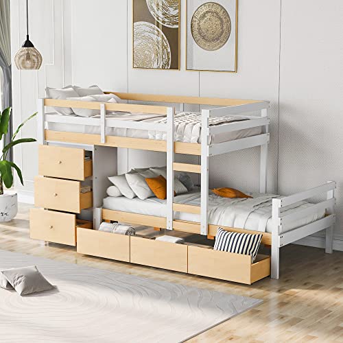 Brisca Twin Over Twin Loft Bunk Bed with 6 Storage Drawers and Ladder,Bed Frame W/Neutral Finish & Simple Design,for Apartment,Bedroom,Guest Room,Natural