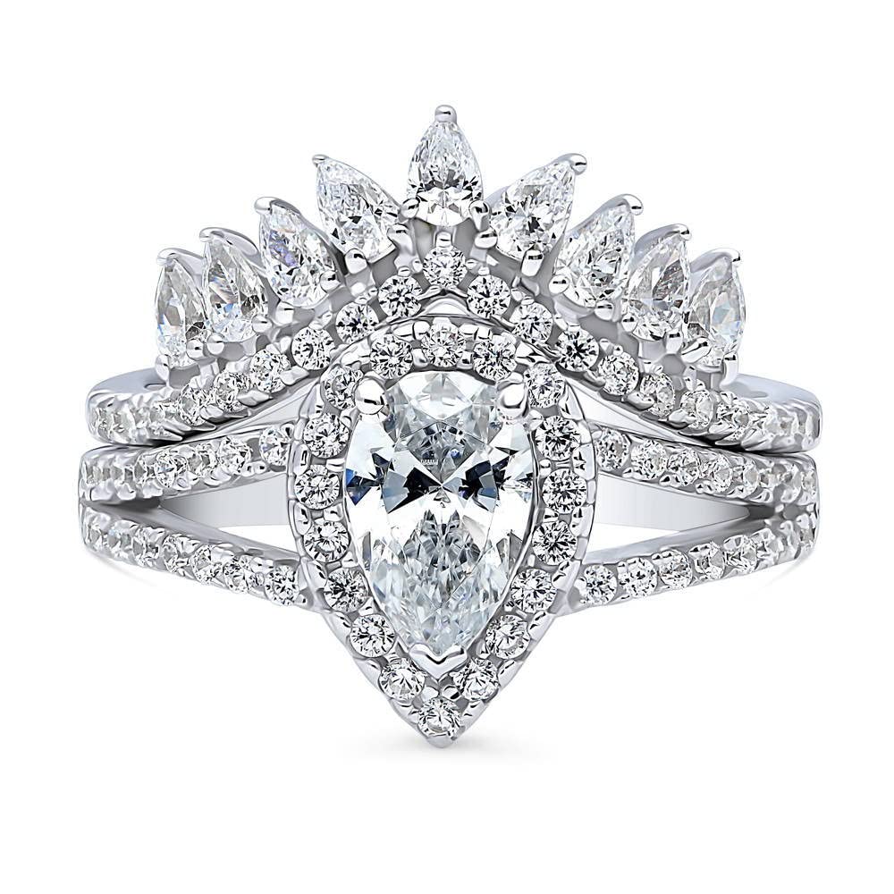 BERRICLE Sterling Silver Halo Wedding Engagement Rings Pear Cut Cubic Zirconia CZ Split Shank Ring Set for Women, Rhodium Plated Size 6