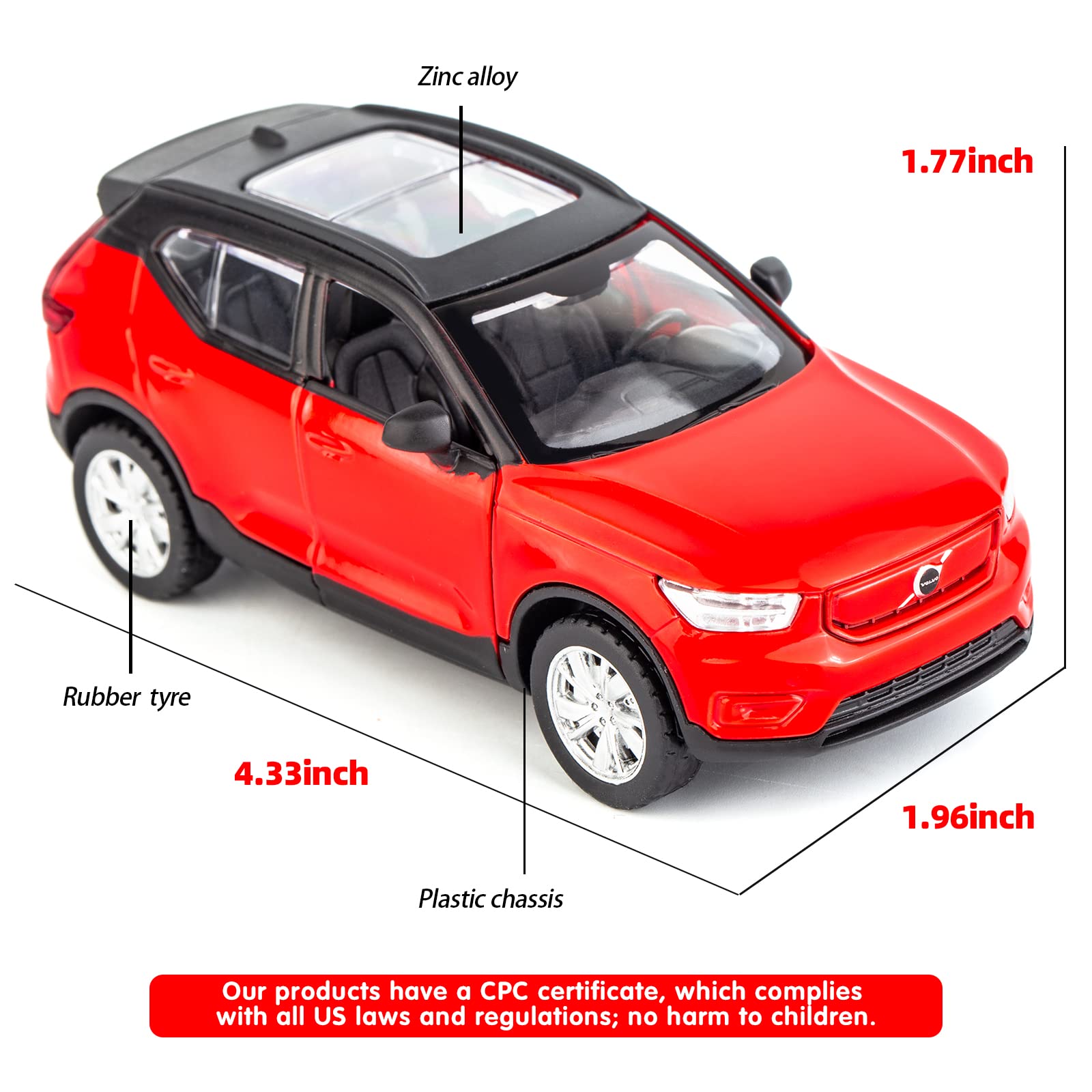 BDTCTK 1/39 Scale XC40 diecasting Car Model, Alloy Toy Car for Kids, Pull Back Vehicles for Toddlers Kids Boys Girls Gift Red