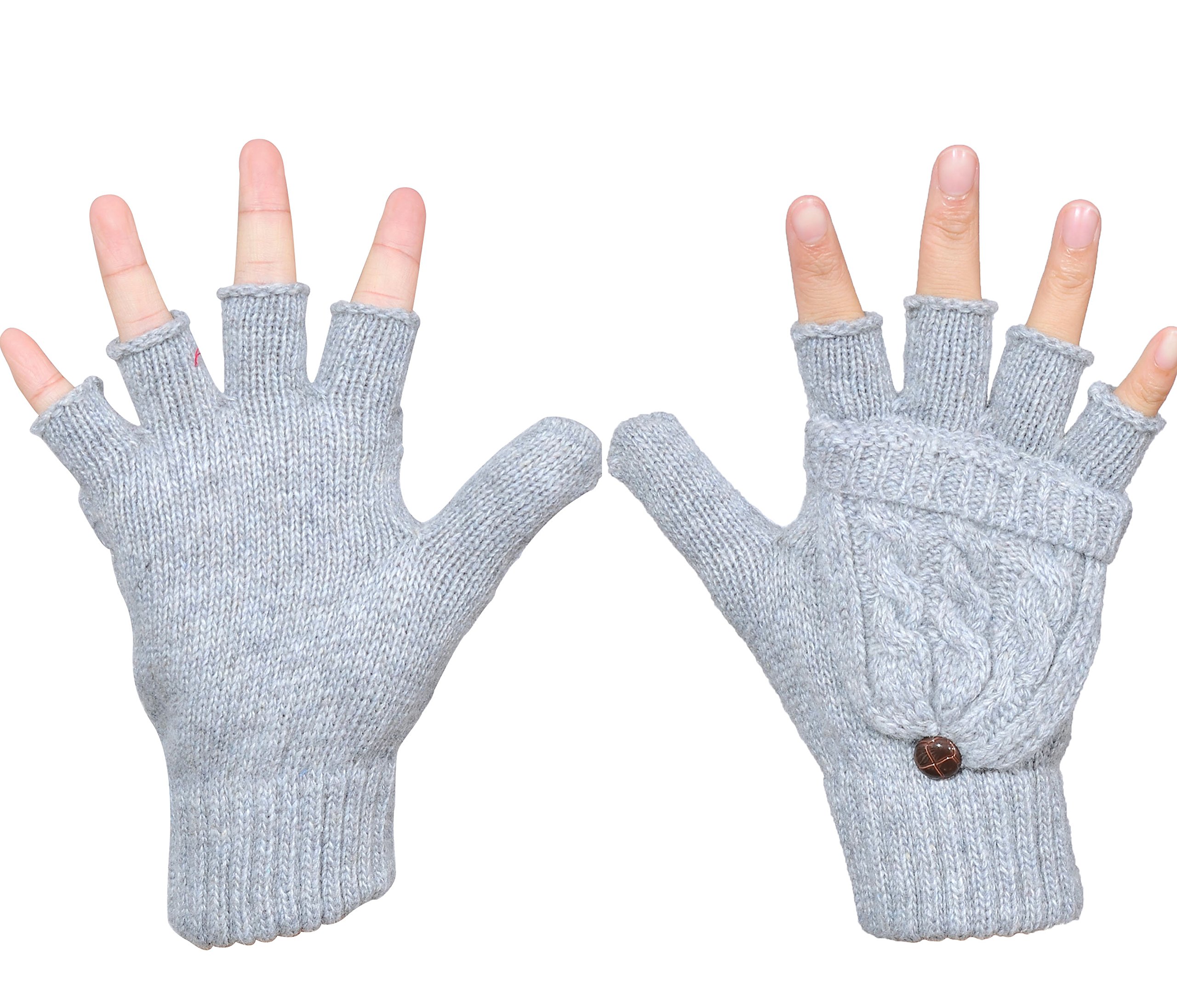 Beurlike Women's Winter Gloves Warm Wool Knitted Convertible Fingerless Mittens (Gray)