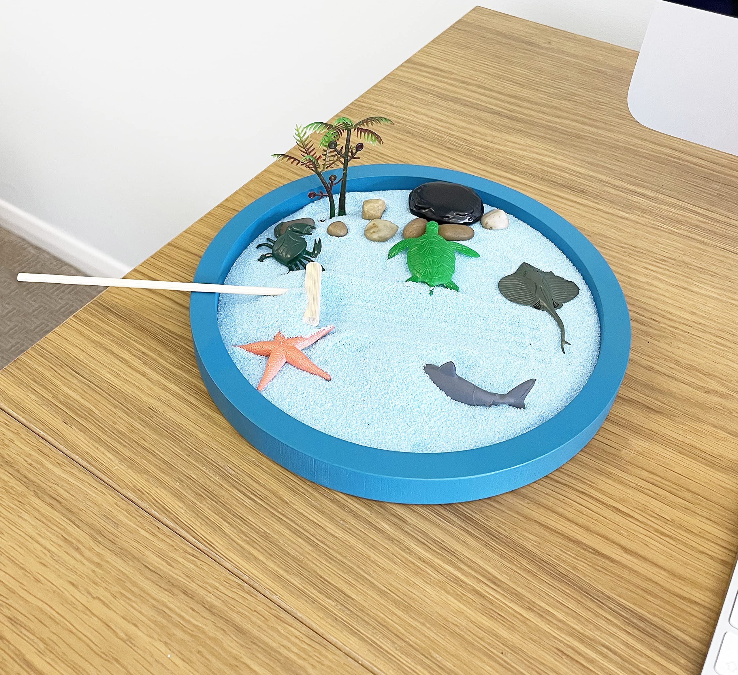 Japanese Zen Garden Mini Kit for Desk - Ocean Beach Theme - Relaxation, Meditation & Mindfulness - Gift for Birthdays, Christmas, Etc. - Includes Rake, Sand, 10+ Accessories! - Tray Diameter 8.5"
