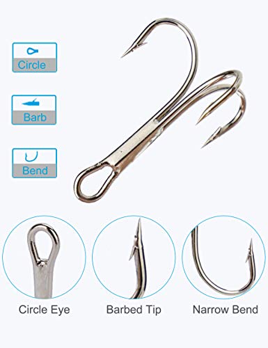 Beoccudo Treble Hooks Kit, Saltwater Freshwater Size 2 4 6 8 10 Triple Fishing High Carbon Steel Hooks