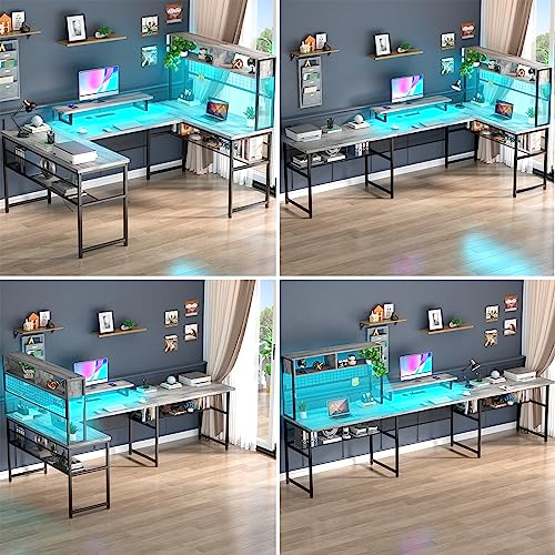 Unikito U Shaped Computer Desks with Hutch, 106 Inch Large Reversible L Shaped Office Desk with Power Outlets and LED Strip, U Shape Gaming Table with Monitor Stand and Storage Shelves, White Oak