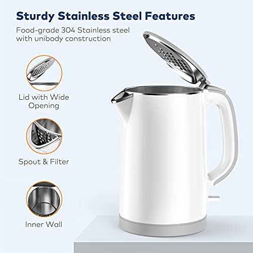 Miroc Electric Kettle, Double Wall 100percent Stainless Steel Cool Touch Tea Kettle with 1500W Fast Boiling Heater, Cordless with Auto Shut-Off & Boil Dry Protection, BPA-Free, White