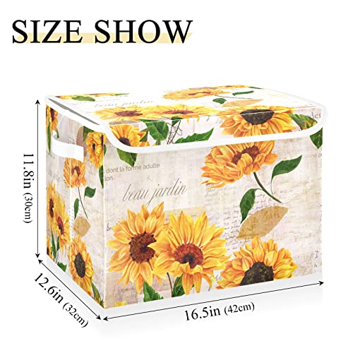 Decorative Storage Bins for Closet, Sunflower Retro Pattern Collapsible Storage Baskets with Lids and Handles for Shelves Closet Home Decor