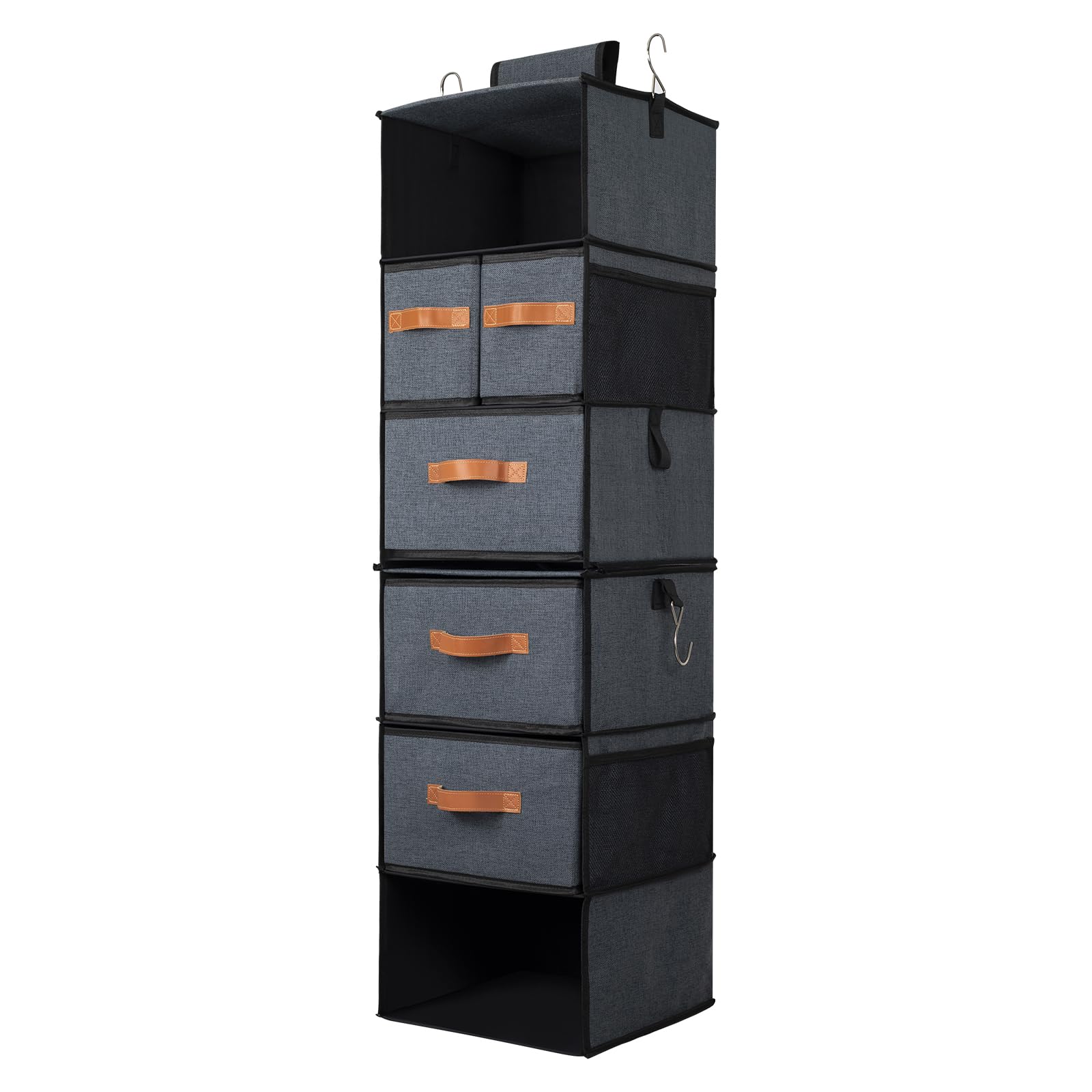 BinWhiz 12.6x12.6x44.1 Inch Hanging Closet Organizer and Storage Shelves, 6-Tier Shelf Clothes Organizers Bins with Drawers and Hooks for Closet Wardrobe Organization and Storage - Gray