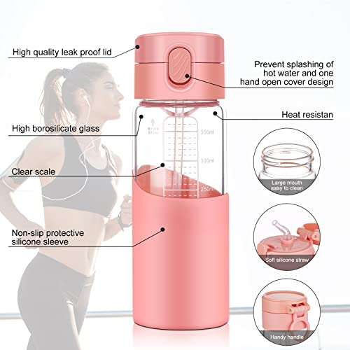 Glass Water Bottle with Straw,Handle Lid and Measurement Scale Silicone Sleeve , Portable Transparent Leak Proof Handy Cup Container for Sport Outdoors Vacation Travel Office ,450ML/15oz (Pink)