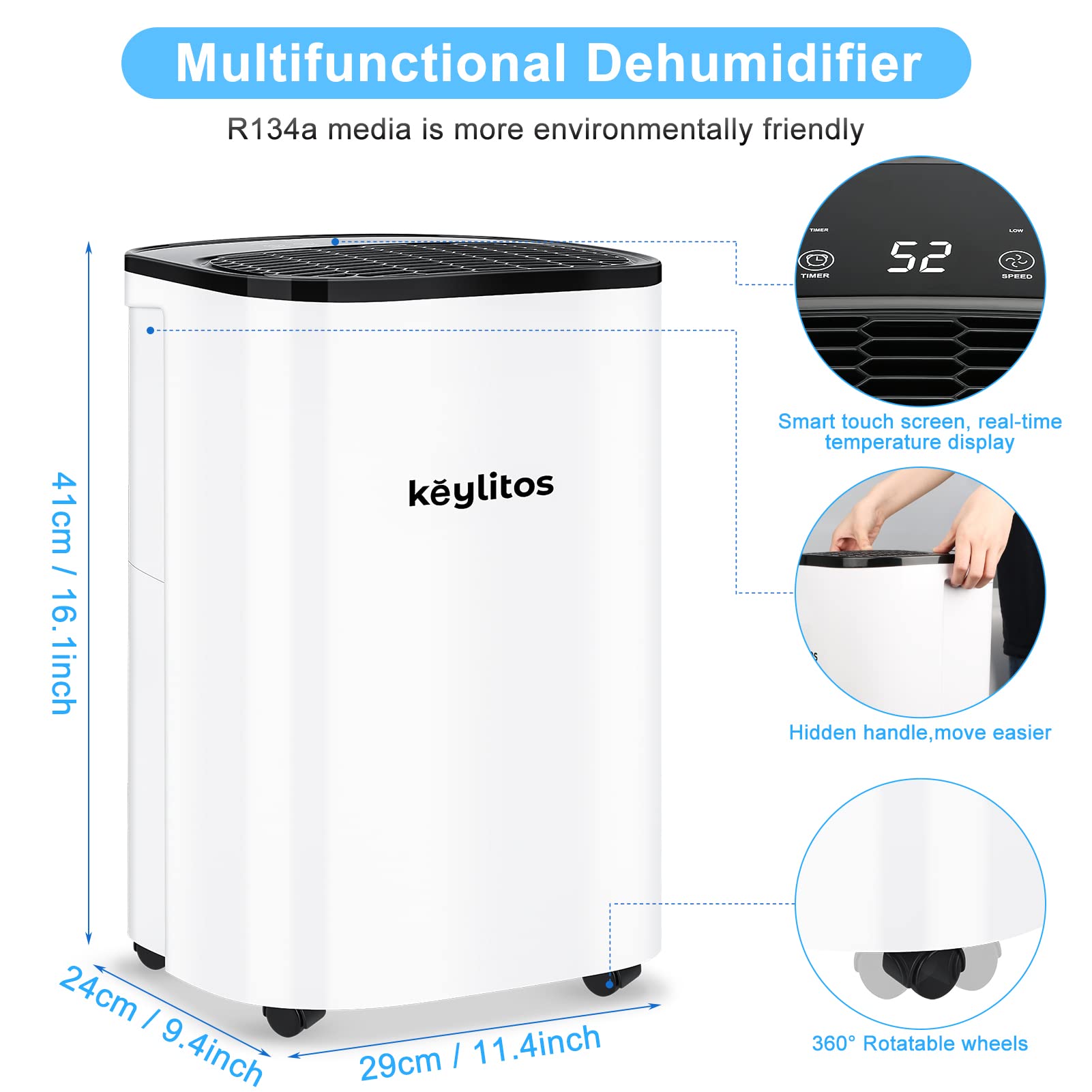 Keylitos 12L Day Dehumidifiers for Home and Basements,Quiet Dehumidifier with Drain Hose, with Digital Humidity Display, Auto or Manual Drainage for Large Room, Garage, Bedroom, Bathroom