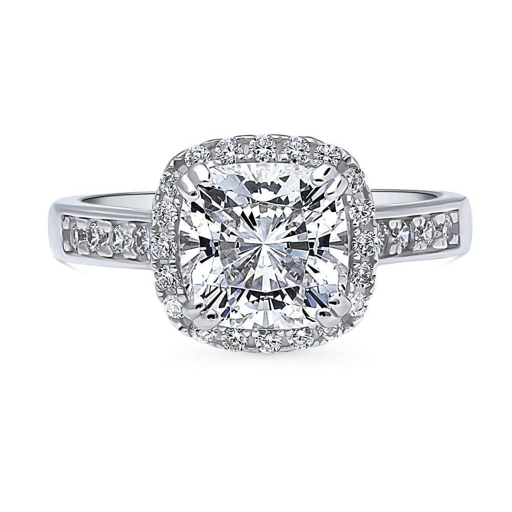 BERRICLE Sterling Silver Halo Wedding Engagement Rings Cushion Cut Cubic Zirconia CZ Ring for Women, Rhodium Plated Size 8